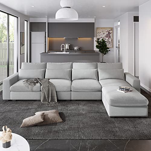 130" L-Shaped Convertible Deep Seat Feather Filled Modular Sectional Sofa with Reversible Chaise/Movable Ottoman&4 Waist Pillows,Comfy Upholstered Corner Couch,5-Seat Oversized Sofá for Living Room