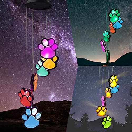 Paw Print Solar Wind Chimes, Dogs Cat Pet Pawprint Remembrance Wind Chimes, Waterproof Color Changing Solar Hanging Lights, Sympathy Gift for Pet Lover, Balcony, Patio, Yard Decor (Paws)