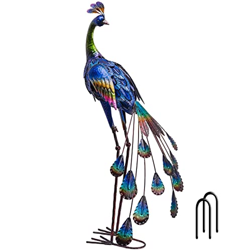 TERESA'S COLLECTIONS Backyard Decor 3D Garden Peacock Yard Art, 35 Inch Large Metal Garden Sculptures & Statues for Outdoor Outside Porch Patio Pond Pool Indoor Decorations Blue Bird Lawn Ornaments