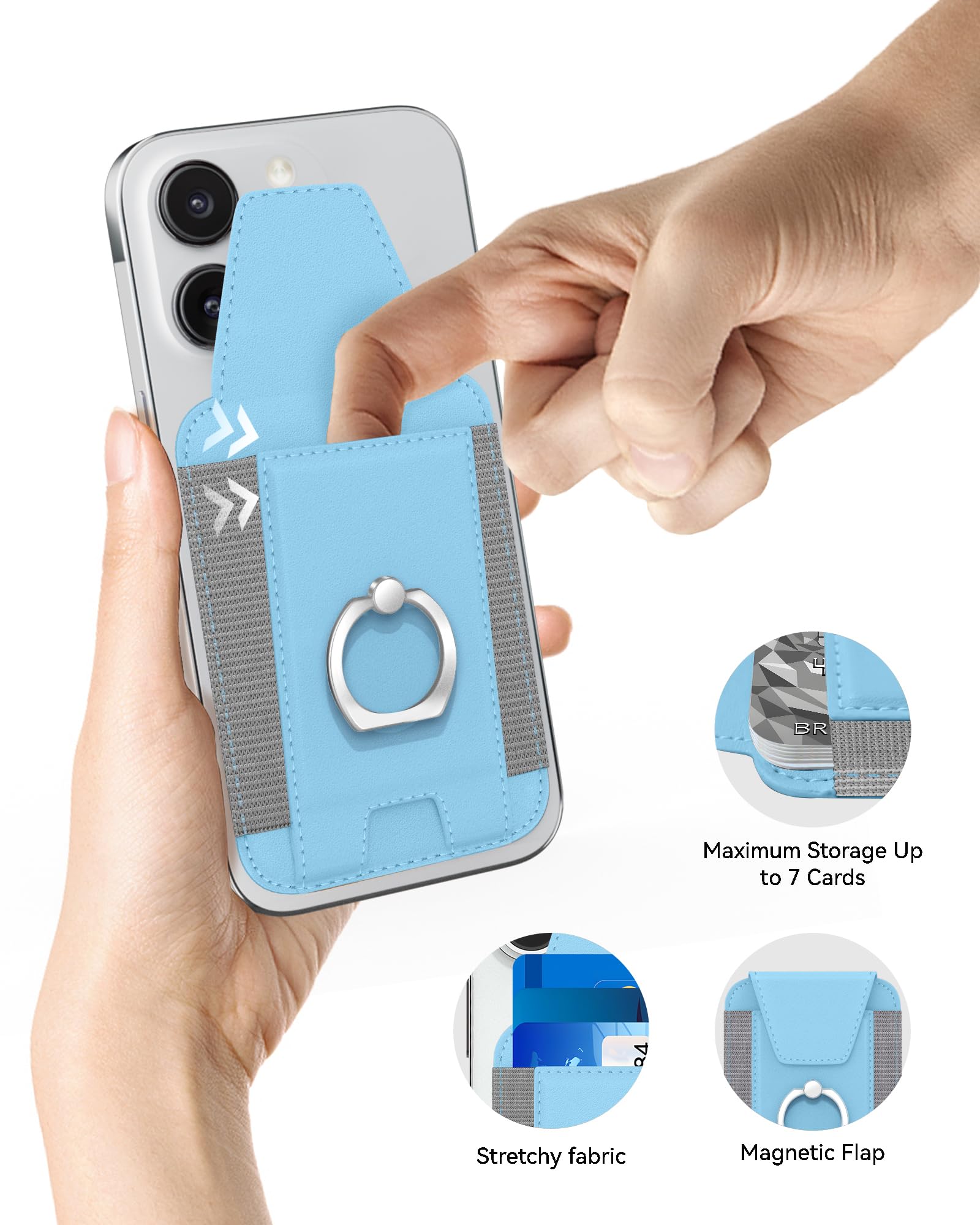 Amzone Magnetic Wallet with Card Holder, Compatible with Mag-Safe Wallet, Leather Card Holder, Wallet with Phone Ring for iPhone 15/14/13/12 Series, 7 Cards Holder (Light Blue)