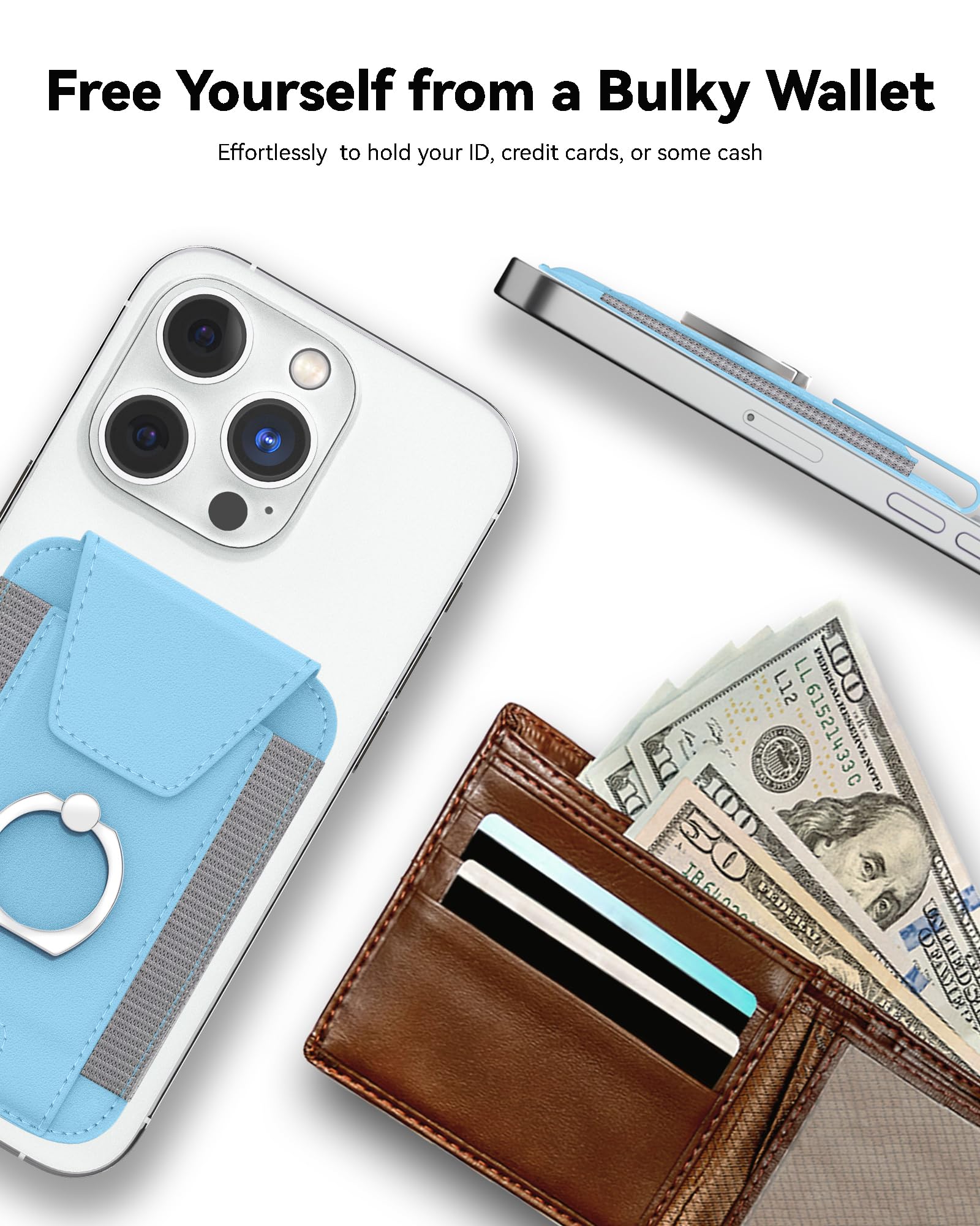 Amzone Magnetic Wallet with Card Holder, Compatible with Mag-Safe Wallet, Leather Card Holder, Wallet with Phone Ring for iPhone 15/14/13/12 Series, 7 Cards Holder (Light Blue)