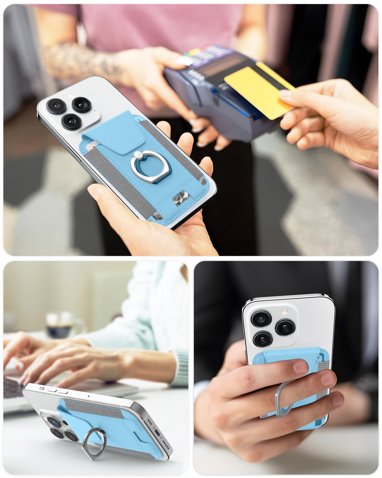 Amzone Magnetic Wallet with Card Holder, Compatible with Mag-Safe Wallet, Leather Card Holder, Wallet with Phone Ring for iPhone 15/14/13/12 Series, 7 Cards Holder (Light Blue)