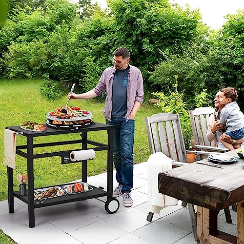 Outdoor Grill Cart Pizza Oven Stand with Foldable Side Table, 33.5" x 19.7", BBQ Prep Table with Wheels & Hooks, Side Handle, Double-Shelf Grilling Cart Tabletop Griddle Cooking Station,Silver