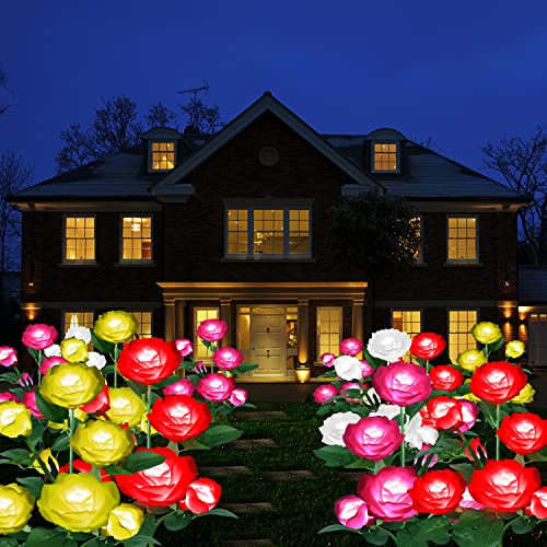 Calyla Solar Lights Outdoor 7 Rose Flowers Solar Garden Lights Garden Stake Lights Path Decorative Rose Lights for Patio Yard Pathway Landscape Enlarged Solar Panel (Pink)
