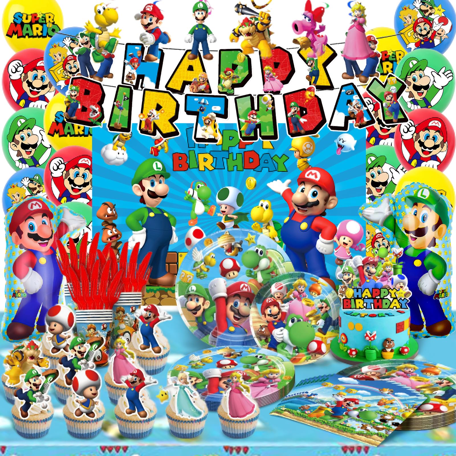 117Pcs Birthday Party Supplies - Birthday Decorations Kit for Boys Kids Including Balloons, Banner, Tableware, Swirls, Tablecloth, Plates, Cutlery, Forks, Spoons, Knife & Napkins (Buy This)