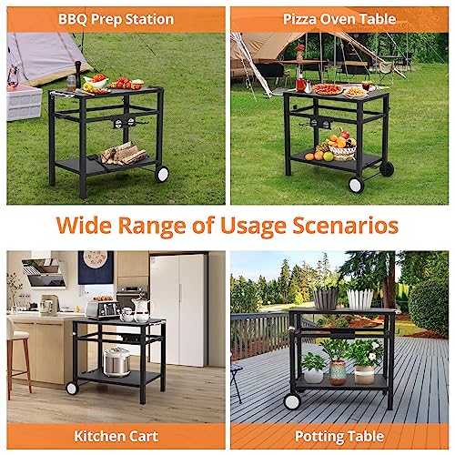 Outdoor Grill Cart Pizza Oven Stand with Foldable Side Table, 33.5" x 19.7", BBQ Prep Table with Wheels & Hooks, Side Handle, Double-Shelf Grilling Cart Tabletop Griddle Cooking Station,Silver