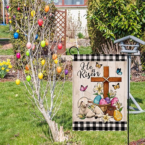 Hzppyz He is Risen Easter Cross Eggs Religious Garden Flag Double Sided, Faith Lily Lamb Butterfly Decorative Yard Outdoor Home Small Decor, Buffalo Plaid Check Burlap Outside House Decoration 12 x 18