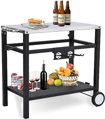 Outdoor Grill Cart Pizza Oven Stand with Foldable Side Table, 33.5" x 19.7", BBQ Prep Table with Wheels & Hooks, Side Handle, Double-Shelf Grilling Cart Tabletop Griddle Cooking Station,Silver
