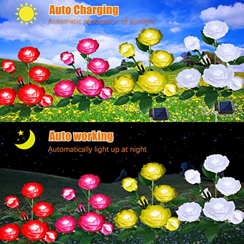 Calyla Solar Lights Outdoor 7 Rose Flowers Solar Garden Lights Garden Stake Lights Path Decorative Rose Lights for Patio Yard Pathway Landscape Enlarged Solar Panel (Pink)