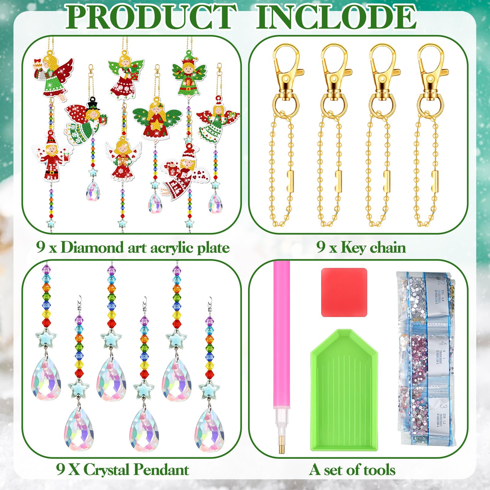 Huwena 9 Pcs Christmas Diamond Art Suncatcher Double Sided Diamond Art Suncatcher Diamond Art Kit Diamond Ornament Diamond Wind Chime for Adults Kid DIY(Angel)