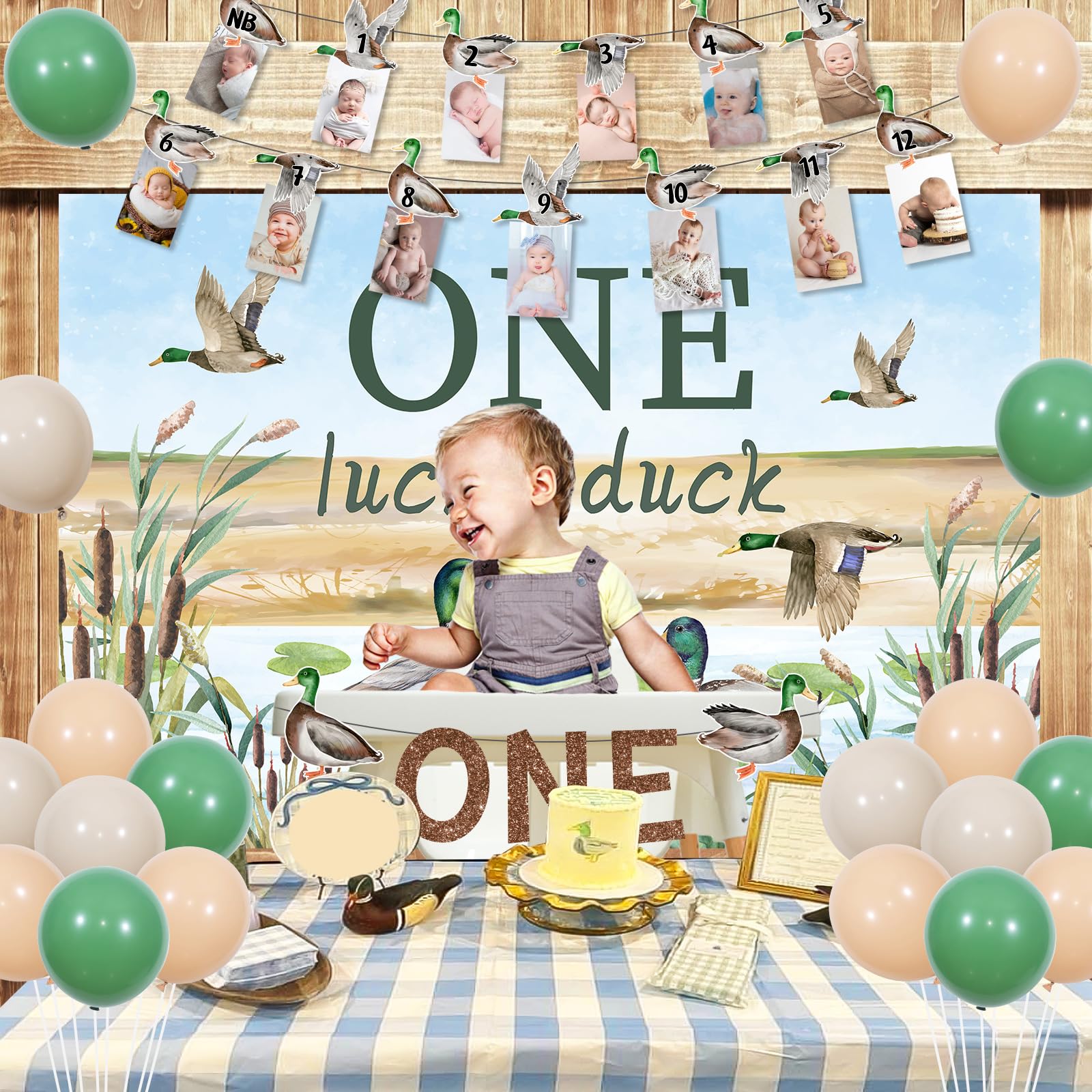 Fangleland Mallard Duck 1st Birthday Decorations for 1 Year Old Boy, One Lucky Duck Theme Boy First Birthday Party Supplies with Cake Topper, Backdrop, High Chair Banner, Balloons