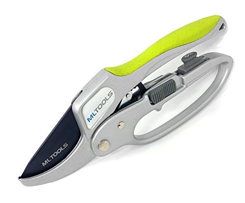MLTOOLS Ratcheting Bypass Pruning Shears – 8" Ratchet Hand Pruning Anvil Shears for Weak Hands – Heavy-Duty Ratcheting Lopping Shears – Low Effort Trimming Shears – Easy & Comfortable Grip – 8231
