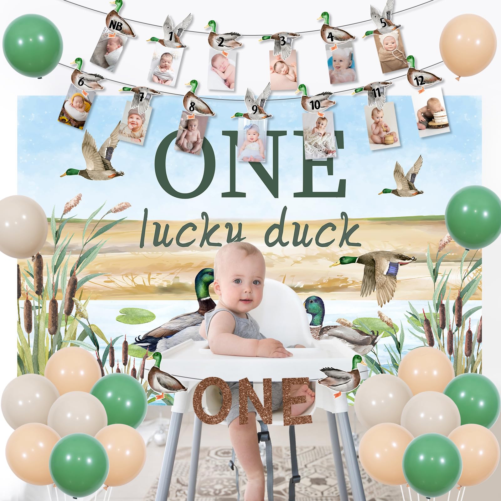 Fangleland Mallard Duck 1st Birthday Decorations for 1 Year Old Boy, One Lucky Duck Theme Boy First Birthday Party Supplies with Cake Topper, Backdrop, High Chair Banner, Balloons