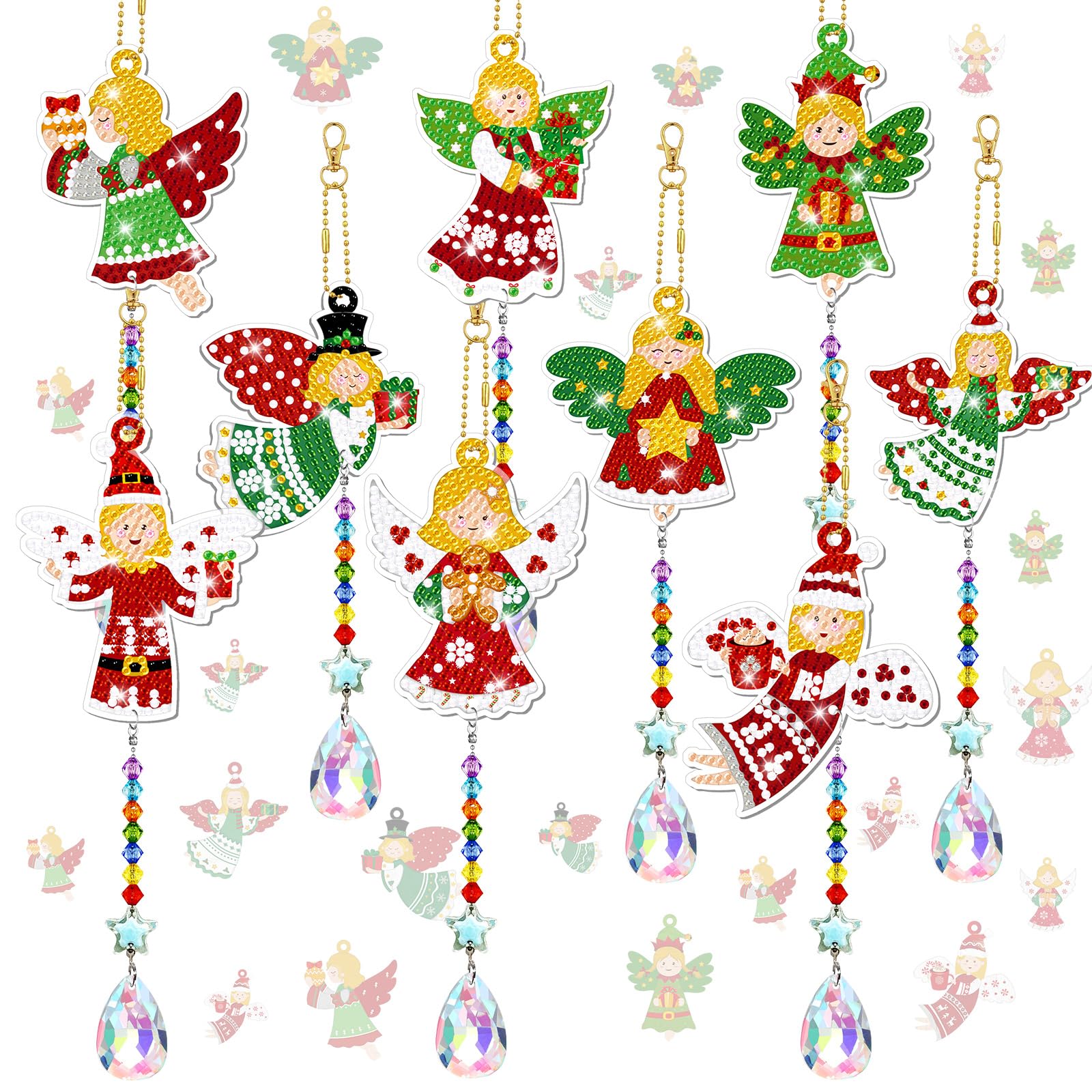Huwena 9 Pcs Christmas Diamond Art Suncatcher Double Sided Diamond Art Suncatcher Diamond Art Kit Diamond Ornament Diamond Wind Chime for Adults Kid DIY(Angel)
