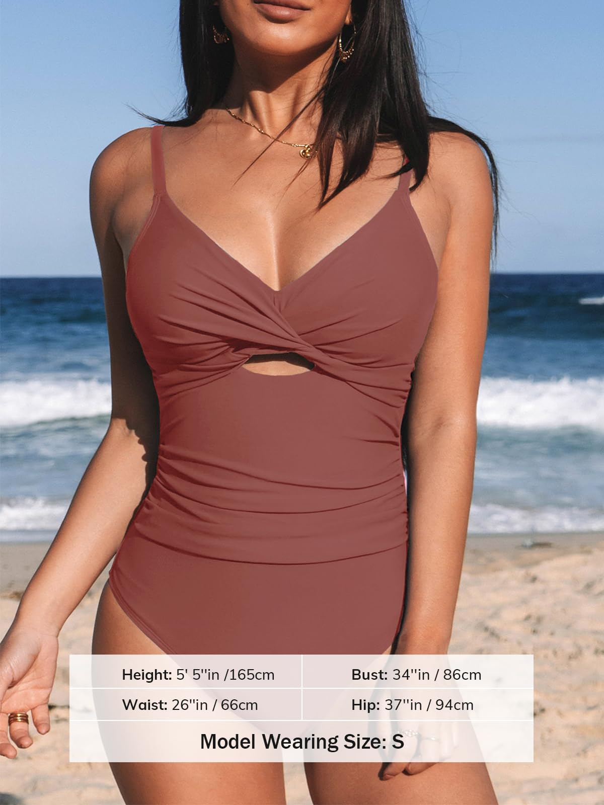 CUPSHE Women's One Piece Swimsuit Bathing Suits Twist Front Cutout Ruched Swimwear M Brick Red