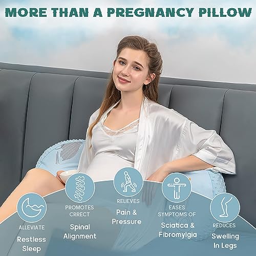 Busarilar Pregnancy Pillows Cooling for Sleeping, Maternity Pillow, Pregnancy Body Pillow Support for Back, Legs, Belly, HIPS of Pregnant Women, Detachable and Adjustable (Blue, Large)