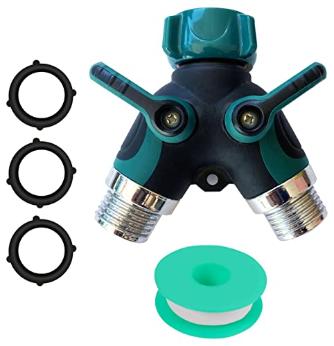 2 Way Hose Splitter for Garden - Super Durable, Rust Resistant Metal Body, Dual Valve Outdoor Spigot - Modern Water Hose Splitter - Y-Shaped Garden Hose Connector