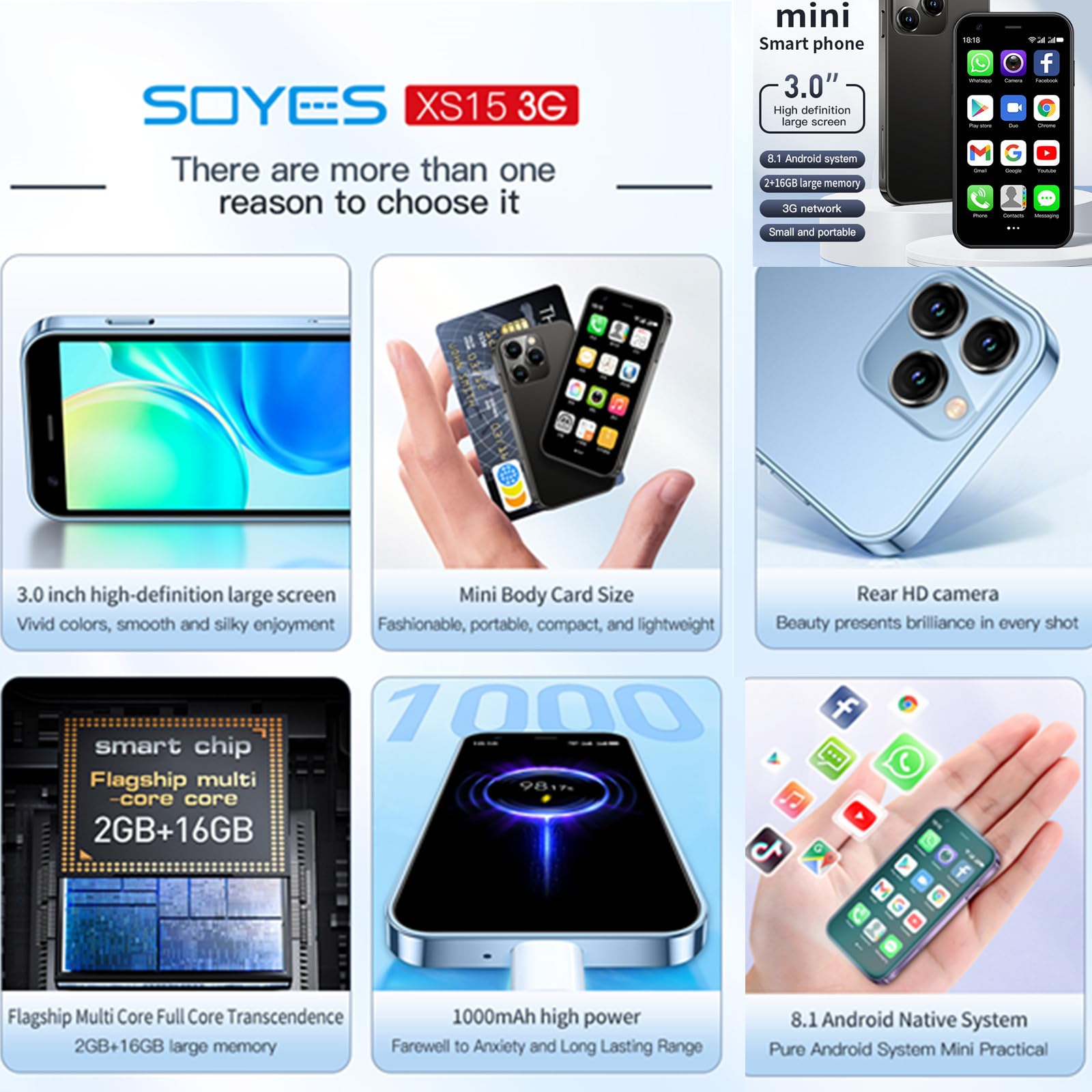 SOYES XS15 Mini Smartphone 3.0 Inch 3G WCDMA MTK6580 Quad Core Android 8.1 Mobile Phone WiFi GPS 2GB RAM 16GB ROM Dual Sim Google Play Cute Card Cellphone (Blue)