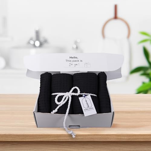 Püskül - 4 Pieces Waffle Towel Sets for Bathroom, Premium Organic Turkish Cotton 2 Hand Towels 2 Bath Towels Set (Black)