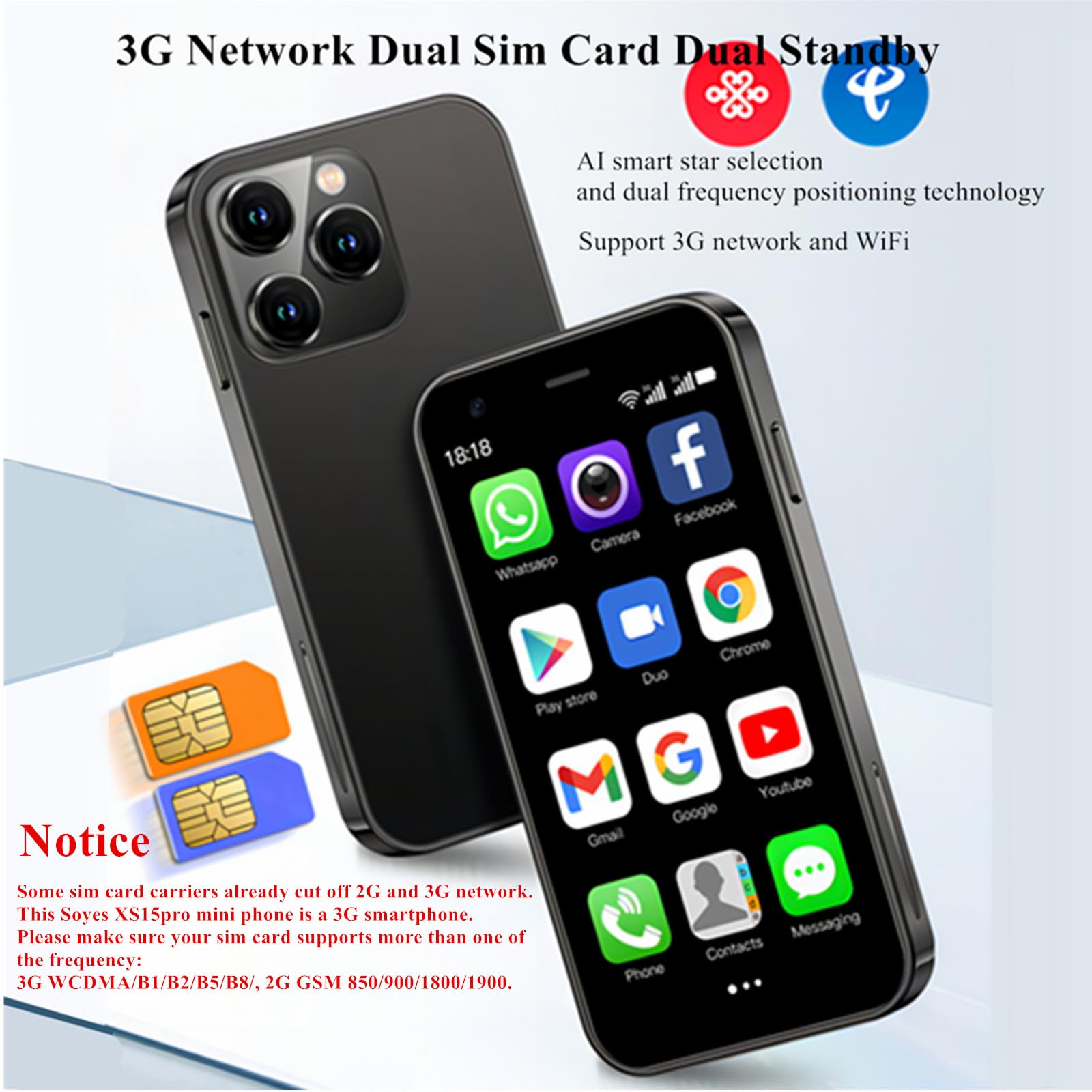 SOYES XS15 Mini Smartphone 3.0 Inch 3G WCDMA MTK6580 Quad Core Android 8.1 Mobile Phone WiFi GPS 2GB RAM 16GB ROM Dual Sim Google Play Cute Card Cellphone (Blue)