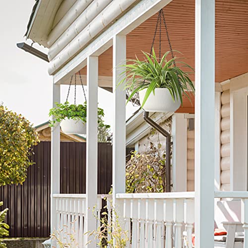 T4U Hanging Planter Self Watering 8 Inch, 2 Pack White Indoor Outdoor Hanging Plant pots, Hanging Flower Pot with Drainage Hole & Plug & Chain with 3 Hooks for Garden Home Decor