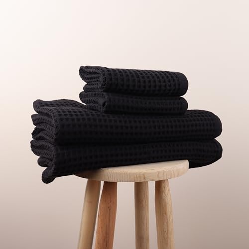Püskül - 4 Pieces Waffle Towel Sets for Bathroom, Premium Organic Turkish Cotton 2 Hand Towels 2 Bath Towels Set (Black)