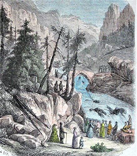 Antique Steel Engraving: Mountain and River Scene