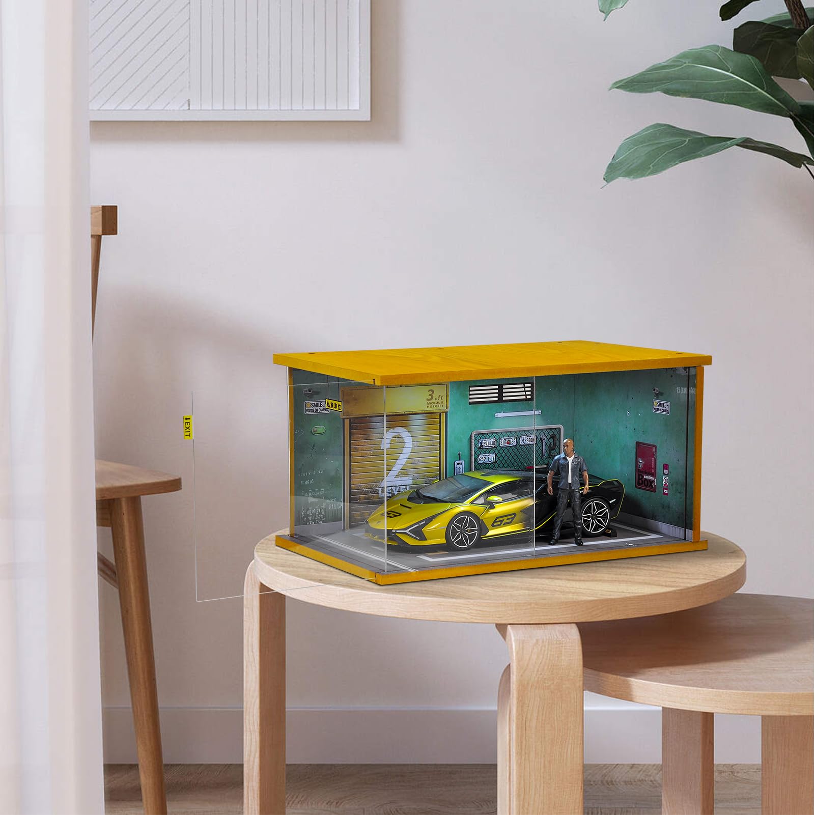 cxiiuui 1/18 Scale Display Case Car Garage Moldel with LED Light and Acrylic Cover Wooden Diecast Car Show Case 1 Parking Spaces Green