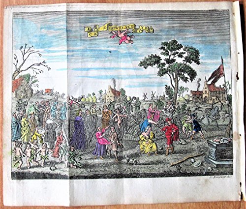 Antique Copperplate Engraving: Crowd Scene with Angels and Skeleton