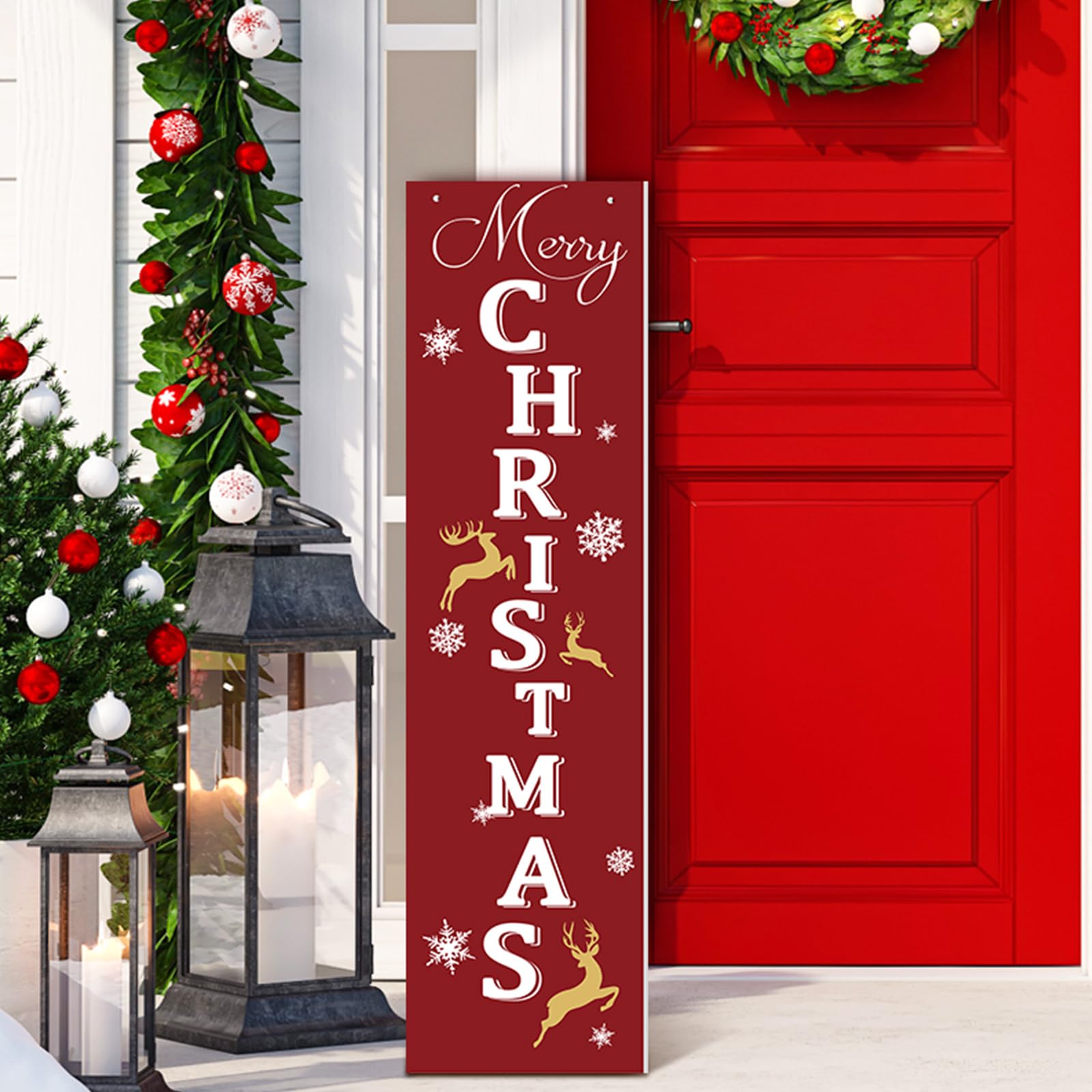Soaoo Christmas Porch Sign Merry Christmas Vertical Porch Sign Red Christmas Wooden Welcome Sign for Front Door Porch Standing Farmhouse Rustic Door Porch for Xmas Porch Yard Outdoor Indoor, 35.43" H