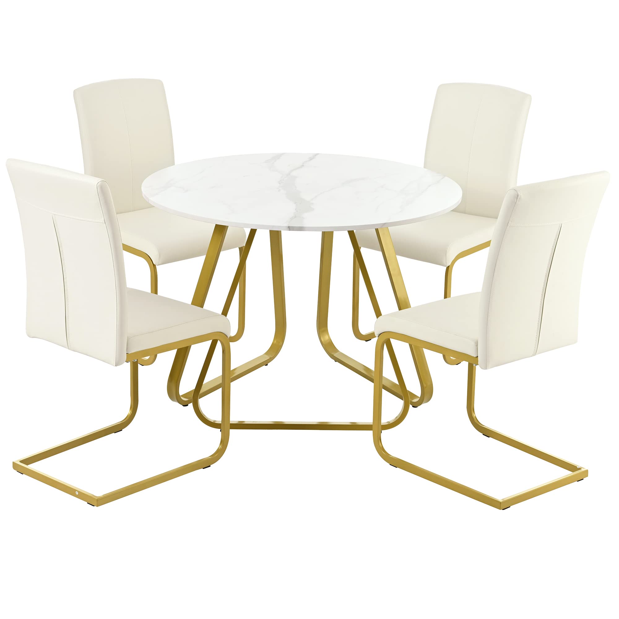 BIADNBZ 5-Piece Round Table Set for 4 with Faux Marble Tabletop and Four Chairs with Metal Legs for Dining, Kitchen Living Room, White