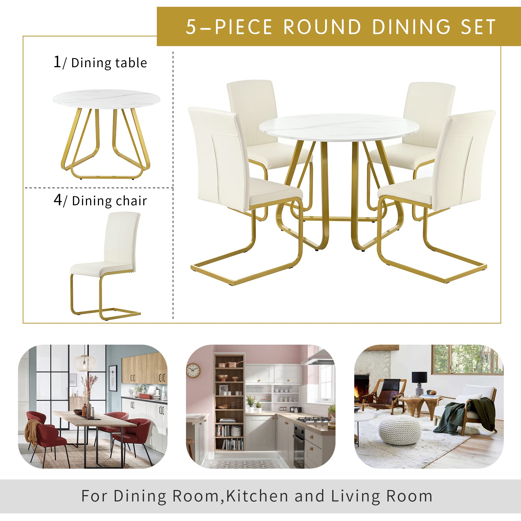 BIADNBZ 5-Piece Round Table Set for 4 with Faux Marble Tabletop and Four Chairs with Metal Legs for Dining, Kitchen Living Room, White