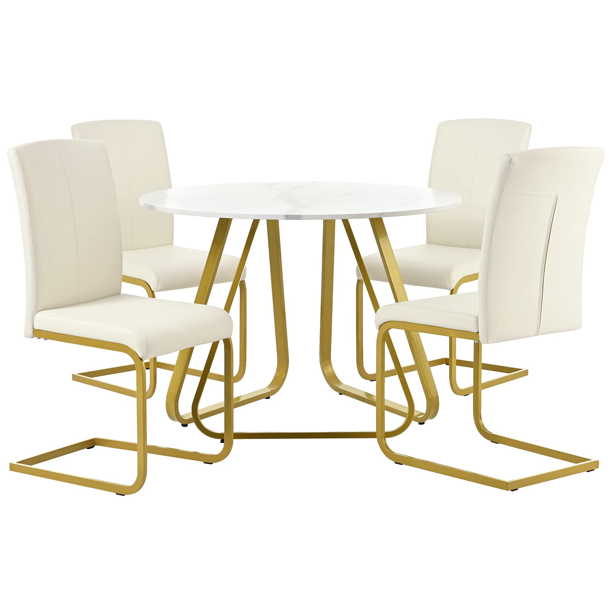 BIADNBZ 5-Piece Round Table Set for 4 with Faux Marble Tabletop and Four Chairs with Metal Legs for Dining, Kitchen Living Room, White
