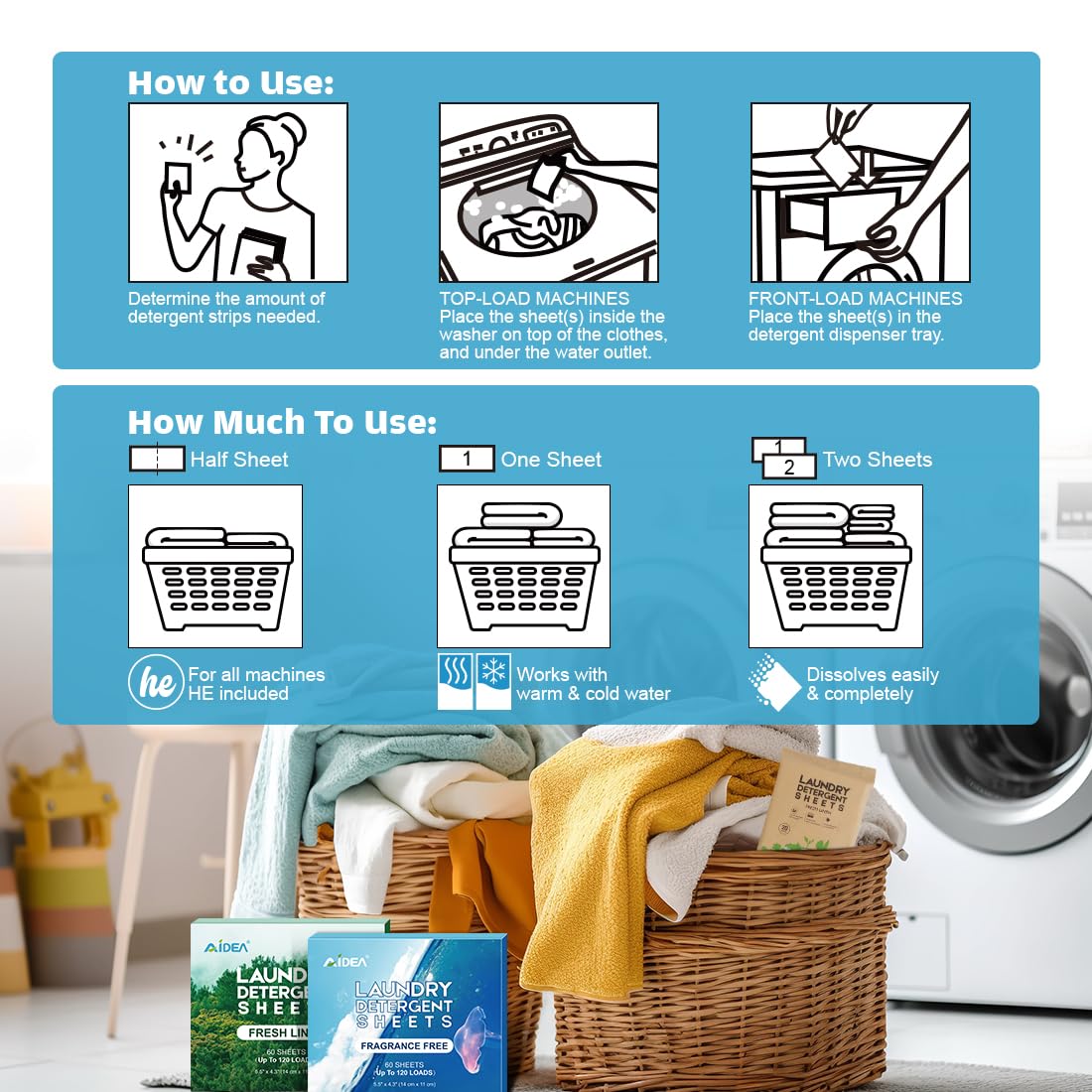 AIDEA Laundry Detergent Sheets, Laundry Sheets Detergent, Washer Sheets Detergent, No Plastic Jug, Laundry Soap Sheets For Travel, Home Washing, Fresh Scent-(160 Loads) 80 Sheets