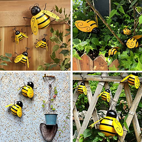 MACLARONX Metal Bumble Bee Yard Art Wall Decor, 4 Pcs 3D Iron Bumblebee for Whreath Rustic Fence Outdoor Garden Accents Sculpture Hanging Decorations Lawn Home Indoor Ornaments