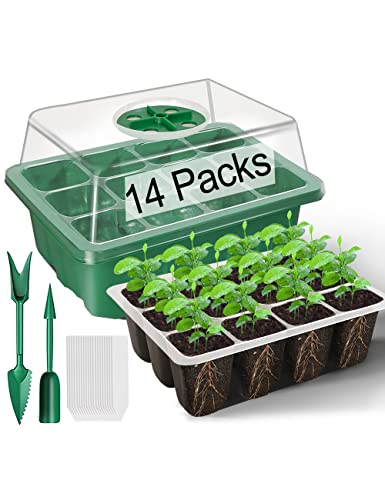 14 Packs Seed Starter Tray, 168 Cells Total Tray, Seed Starting Kit with Adjustable Humidity Dome and Base Plant Starter Kit Mini Greenhouse Germination Kit with 2 Garden Tools and 20 Plant Labels