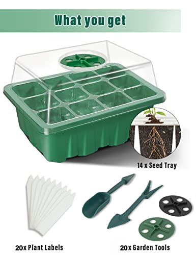 14 Packs Seed Starter Tray, 168 Cells Total Tray, Seed Starting Kit with Adjustable Humidity Dome and Base Plant Starter Kit Mini Greenhouse Germination Kit with 2 Garden Tools and 20 Plant Labels