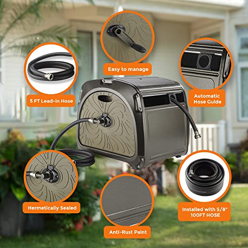 Giraffe Tools SW5-100ft Metal Hose Reel Box, Heavy Duty Garden Hose Storage Reel Hideaway with Crank Handle, 100ft 5/8" Hose, Green