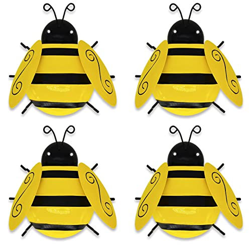 MACLARONX Metal Bumble Bee Yard Art Wall Decor, 4 Pcs 3D Iron Bumblebee for Whreath Rustic Fence Outdoor Garden Accents Sculpture Hanging Decorations Lawn Home Indoor Ornaments