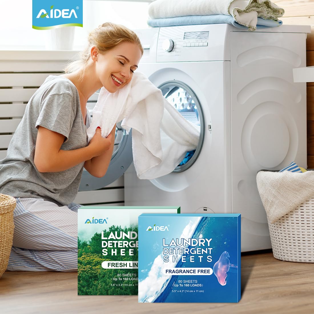AIDEA Laundry Detergent Sheets, Laundry Sheets Detergent, Washer Sheets Detergent, No Plastic Jug, Laundry Soap Sheets For Travel, Home Washing, Fresh Scent-(160 Loads) 80 Sheets