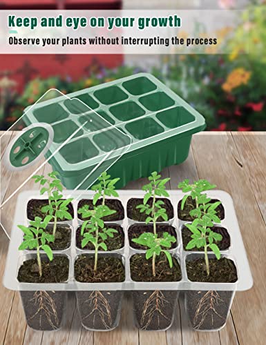 14 Packs Seed Starter Tray, 168 Cells Total Tray, Seed Starting Kit with Adjustable Humidity Dome and Base Plant Starter Kit Mini Greenhouse Germination Kit with 2 Garden Tools and 20 Plant Labels