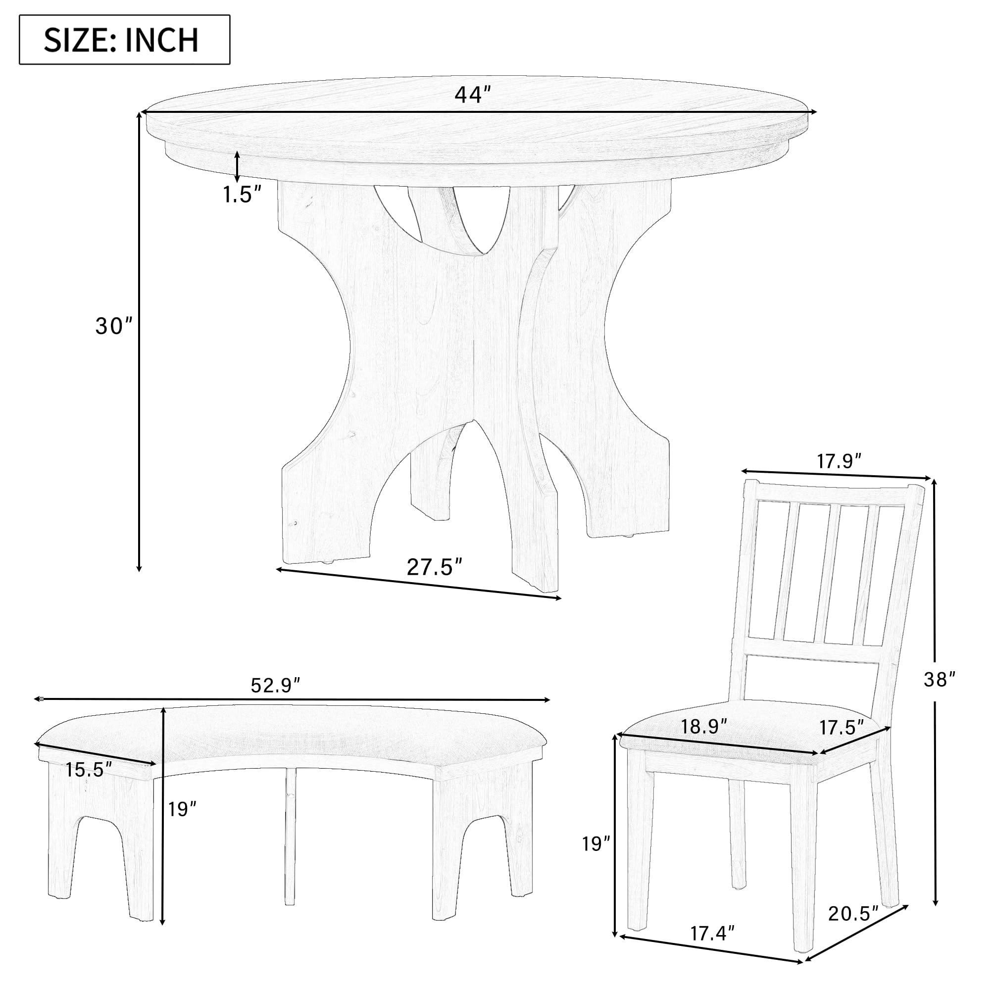 Merax 5-Piece Dining Set, 44" Round Table with Curved Bench and Side Chairs for 4-5 People, for Kitchen, Natural Wood Wash