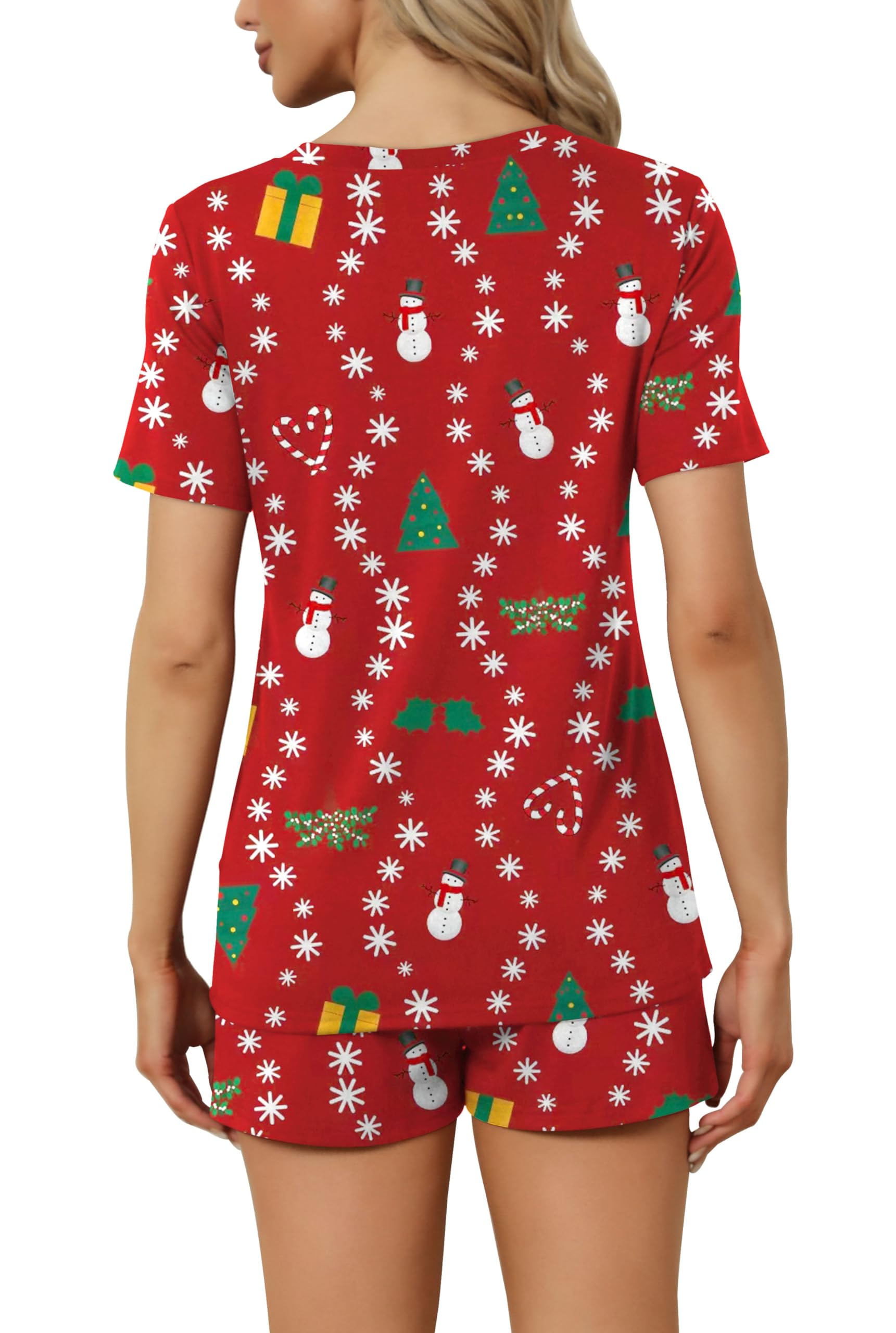 RUBZOOF Christmas Pajamas for Women Shorts Set Snowman Print Casual Soft V Neck 2 Piece Lounge Sets with Pockets S