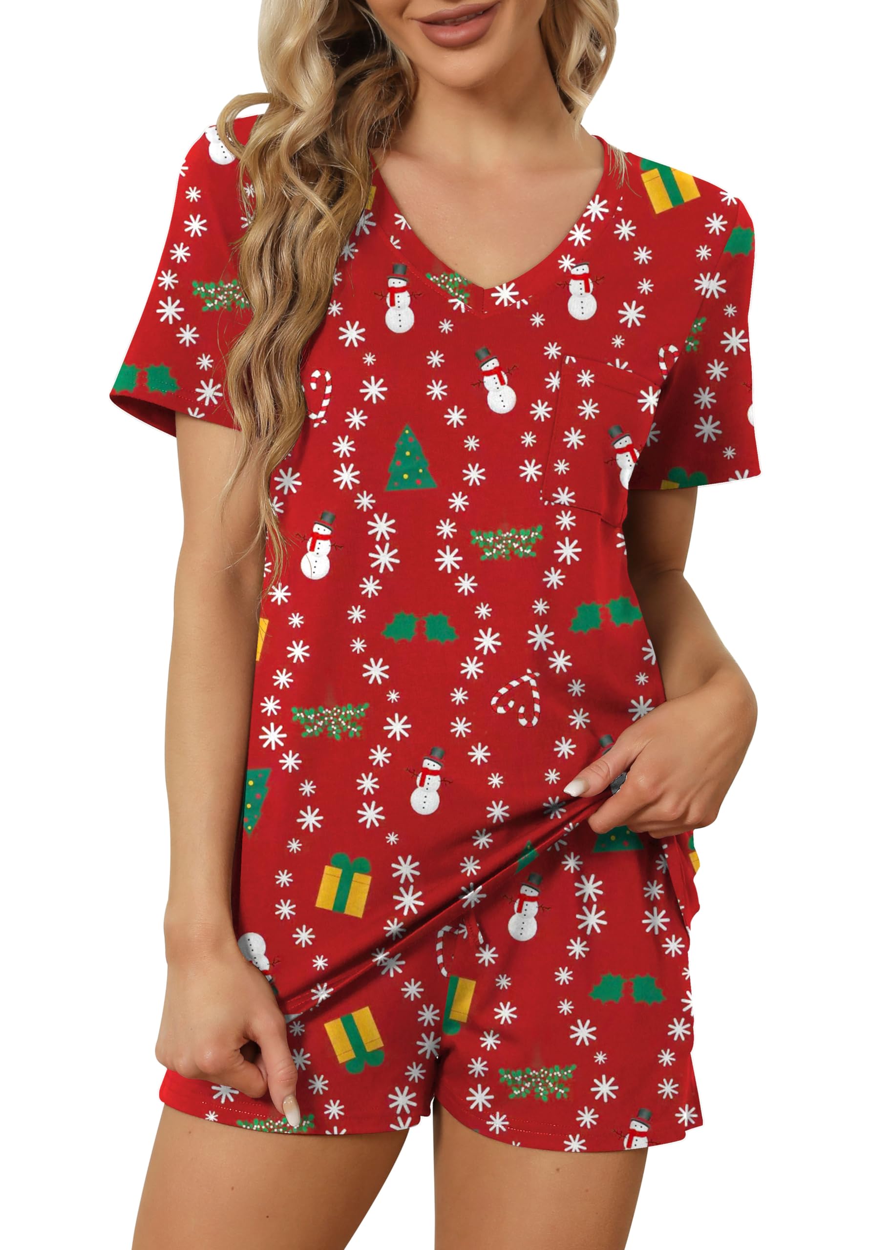 RUBZOOF Christmas Pajamas for Women Shorts Set Snowman Print Casual Soft V Neck 2 Piece Lounge Sets with Pockets S