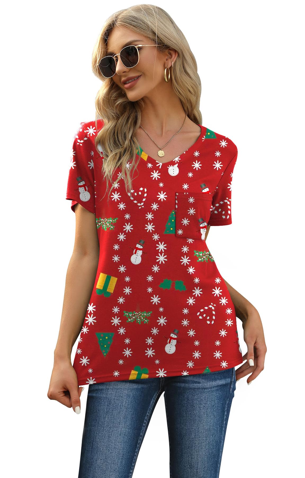 RUBZOOF Christmas Pajamas for Women Shorts Set Snowman Print Casual Soft V Neck 2 Piece Lounge Sets with Pockets S