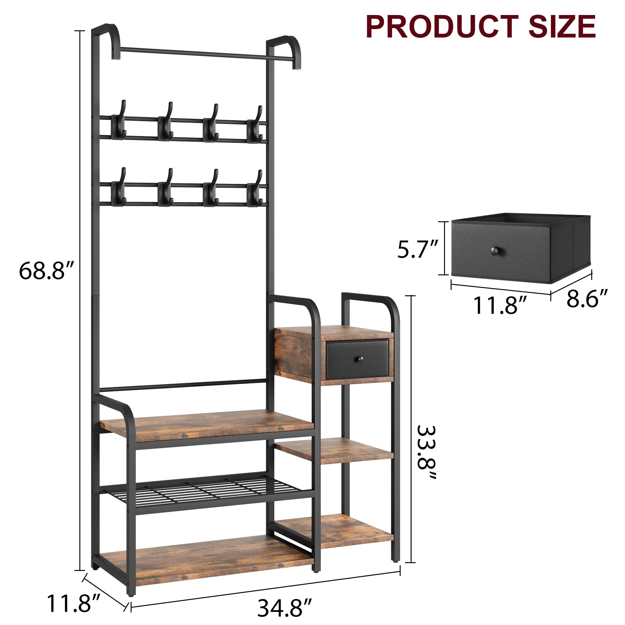 Fancihabor Hall Tree with Shoe Bench, Rustic Brown, 34.8"L x 11.8"W x 68.8"H