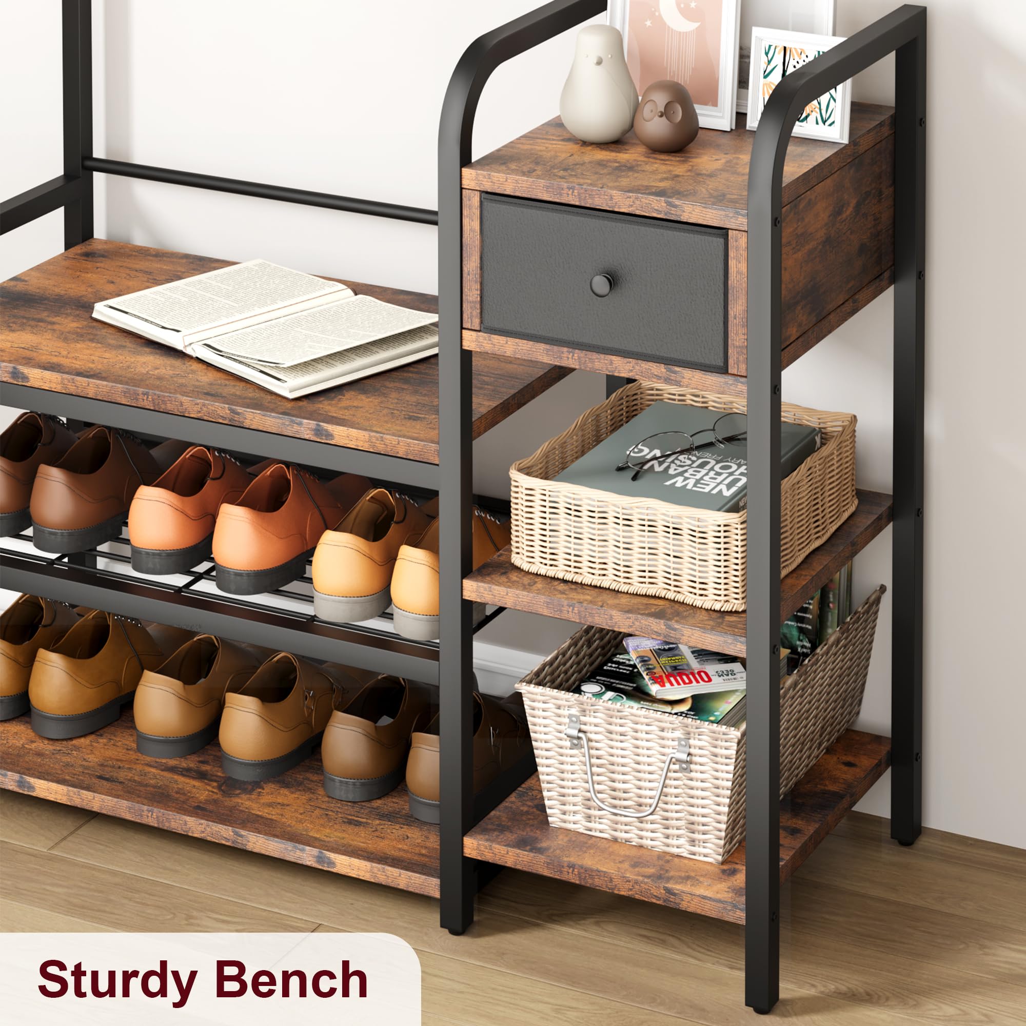 Fancihabor Hall Tree with Shoe Bench, Rustic Brown, 34.8"L x 11.8"W x 68.8"H