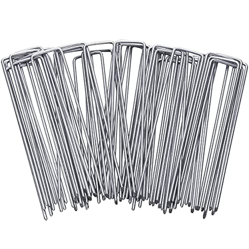 Garden Stakes 100 Pack 6 Inch Galvanized Landscape Staples, U-Shape Turf Staples Heavy Duty Galvanized Lawn Pins for Anchoring Weed Barrier Fabric, Ground Cover, Dog Fence, Tents Tarps