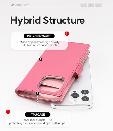 GOOSPERY Rich Wallet Compatible with iPhone 15 Pro Max, Extra Card Slot Flap Functional & Fashionable Stylish PU Leather Flip Card Holder Phone Cover - Hot Pink