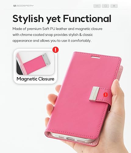 GOOSPERY Rich Wallet Compatible with iPhone 15 Pro Max, Extra Card Slot Flap Functional & Fashionable Stylish PU Leather Flip Card Holder Phone Cover - Hot Pink